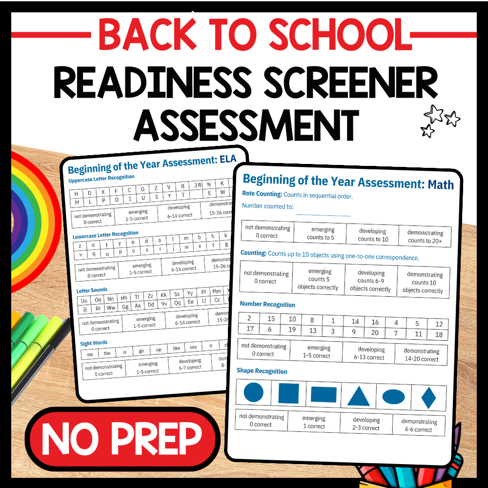 Back to School Beginning Of The Year Kindergarten Readiness Screener A ...