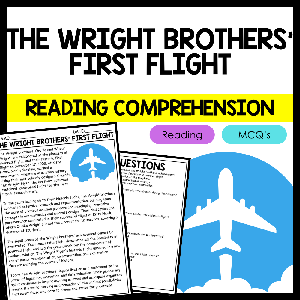 "THE WRIGHT BROTHERS' FIRST FLIGHT" AVIATION DAY Reading Comprehension ...